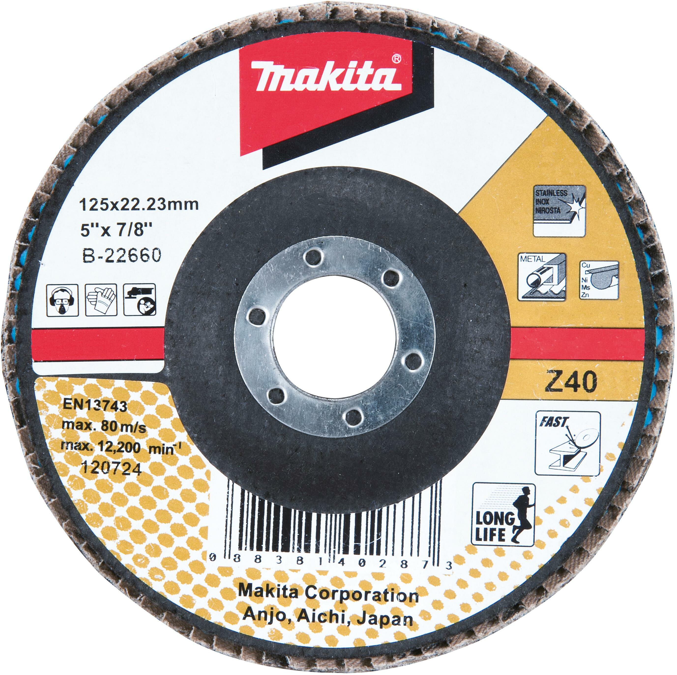 MAKITA B-22660 flap disc conical premium zirconia 125 x 22.23 mm, grit ...