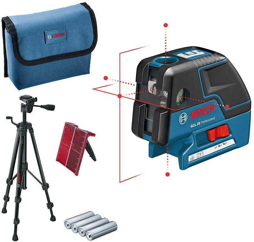 BOSCH GCL 25 combi laser red in case with construction stand BT 150 (4x 1.5V AA battery ...