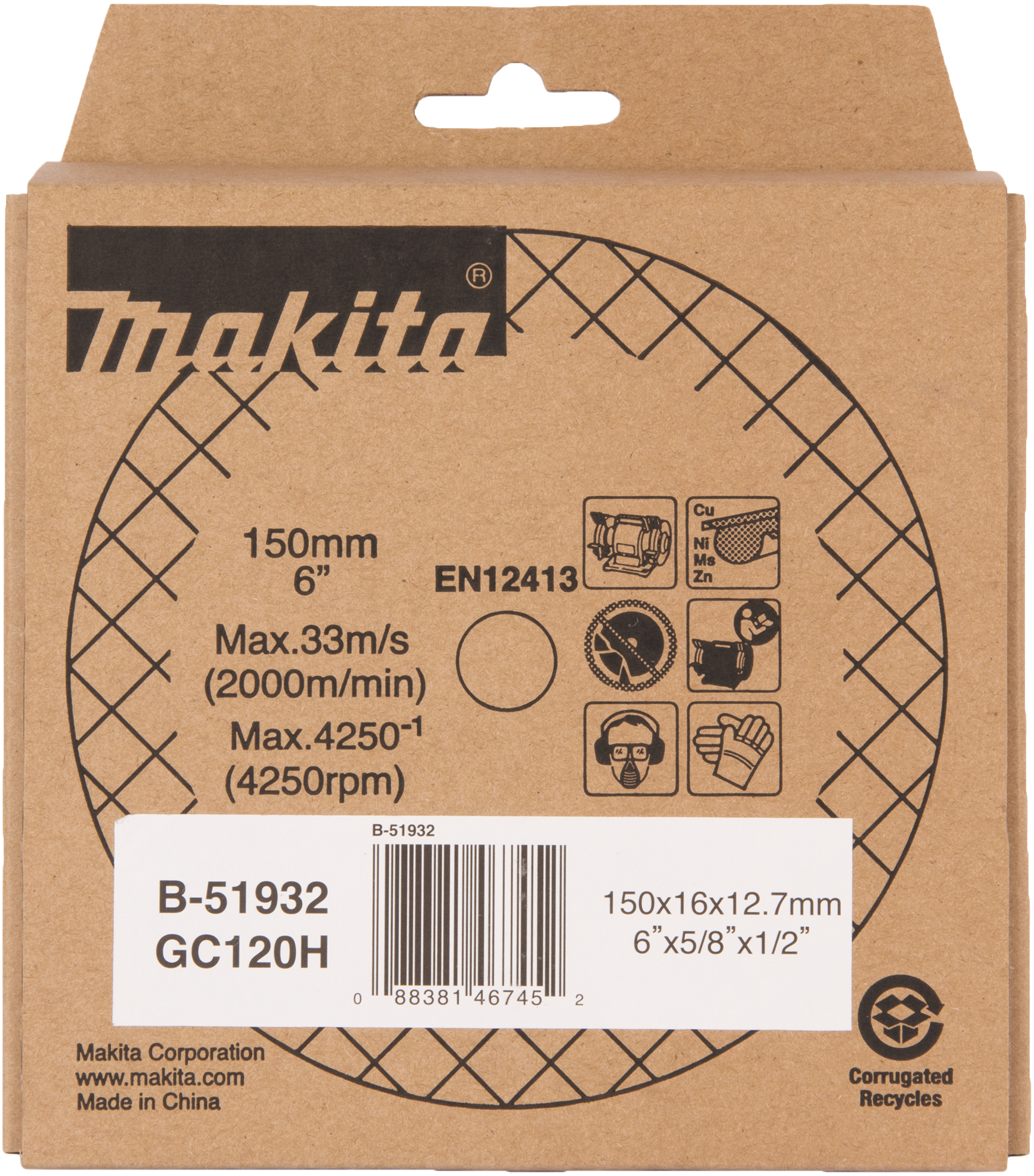 MAKITA B-51932 grinding stone 150x16,0x12,7mm GC120H | Klium