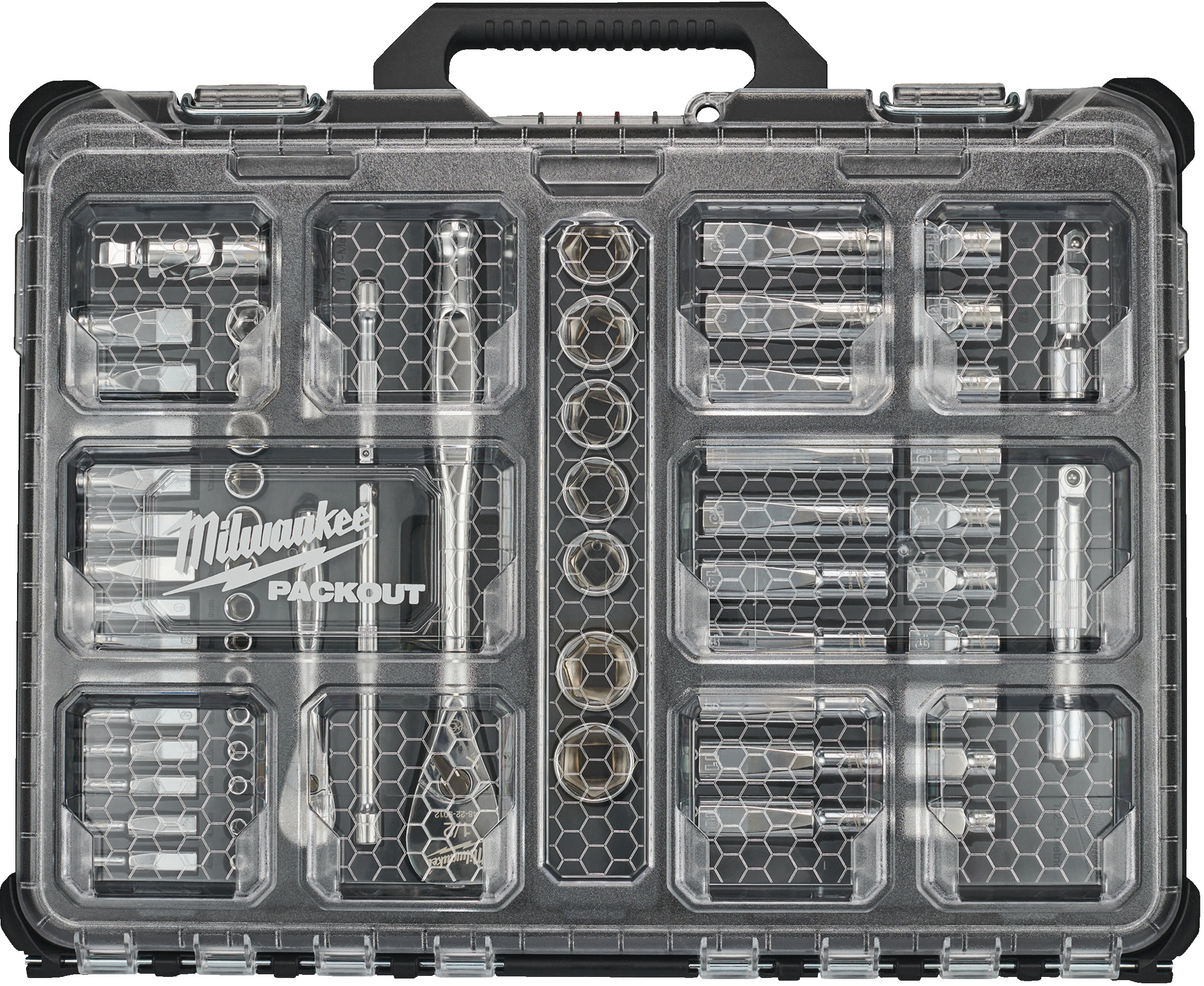 MILWAUKEE 4932493661 ratchet and socket set 1/4" & 1/2" in PACKOUT slim organiser 63-piece | Klium