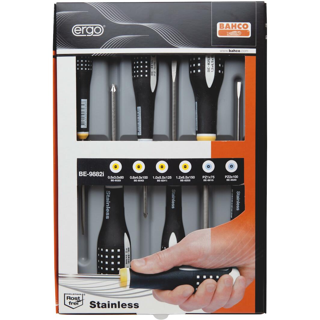 BAHCO BE-9882I ERGO screwdriver set stainless steel with three-component handle, slotted ...