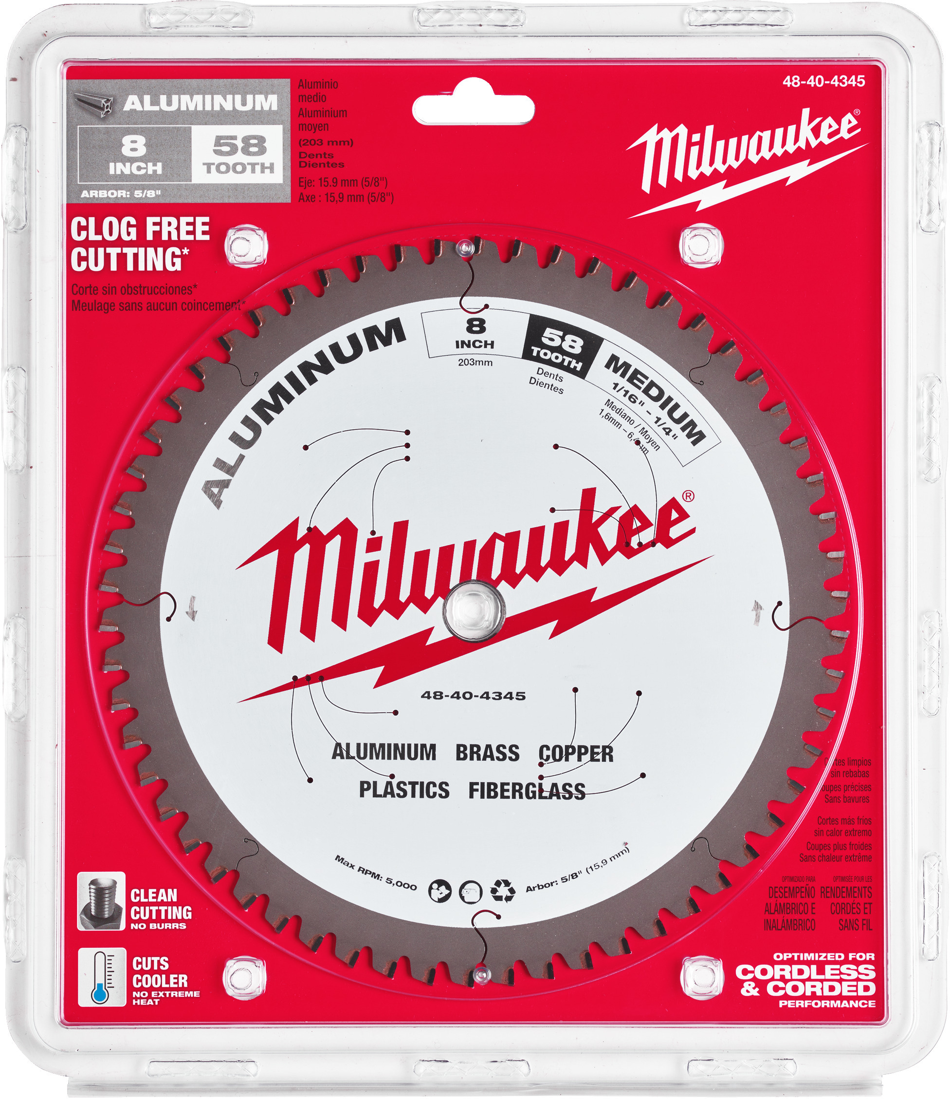 MILWAUKEE 48404345 circular saw blade P Alu 203 x 5/8 x 2.4 mm, 58T | Klium