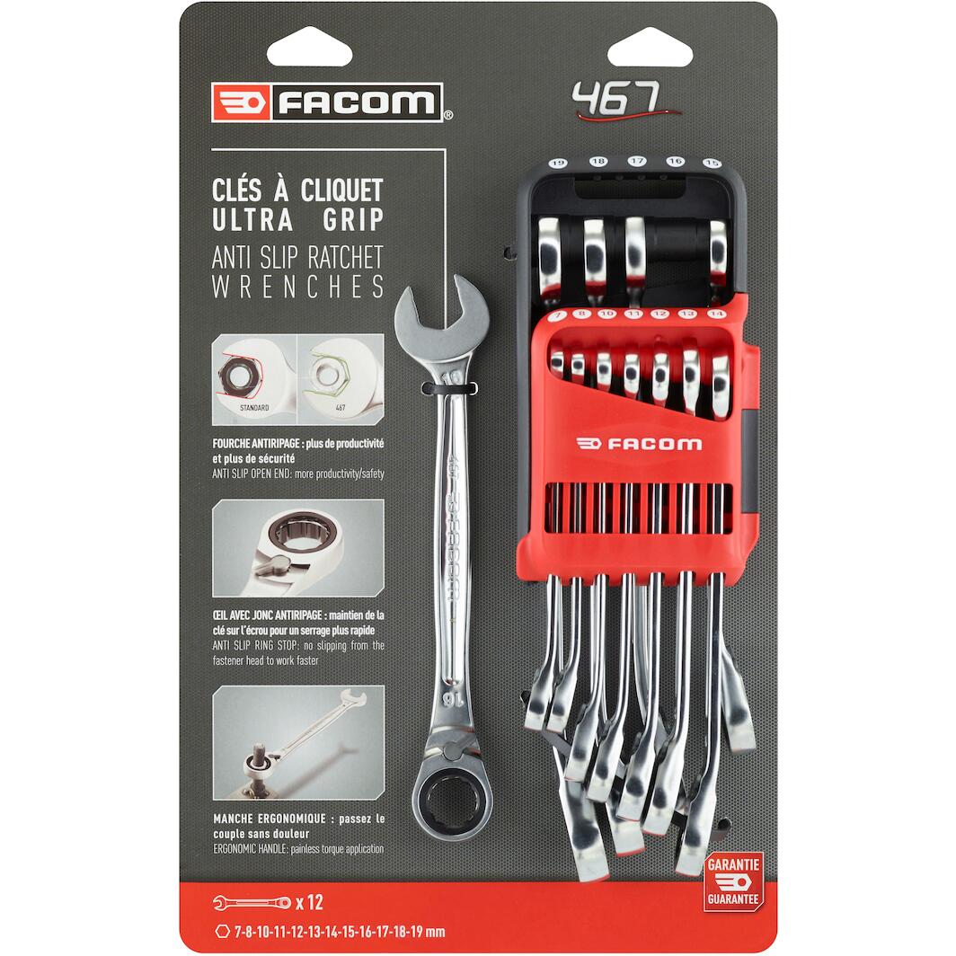 FACOM 467B.JP12PB non-slip ring spanner set with ratchet and clamping ...