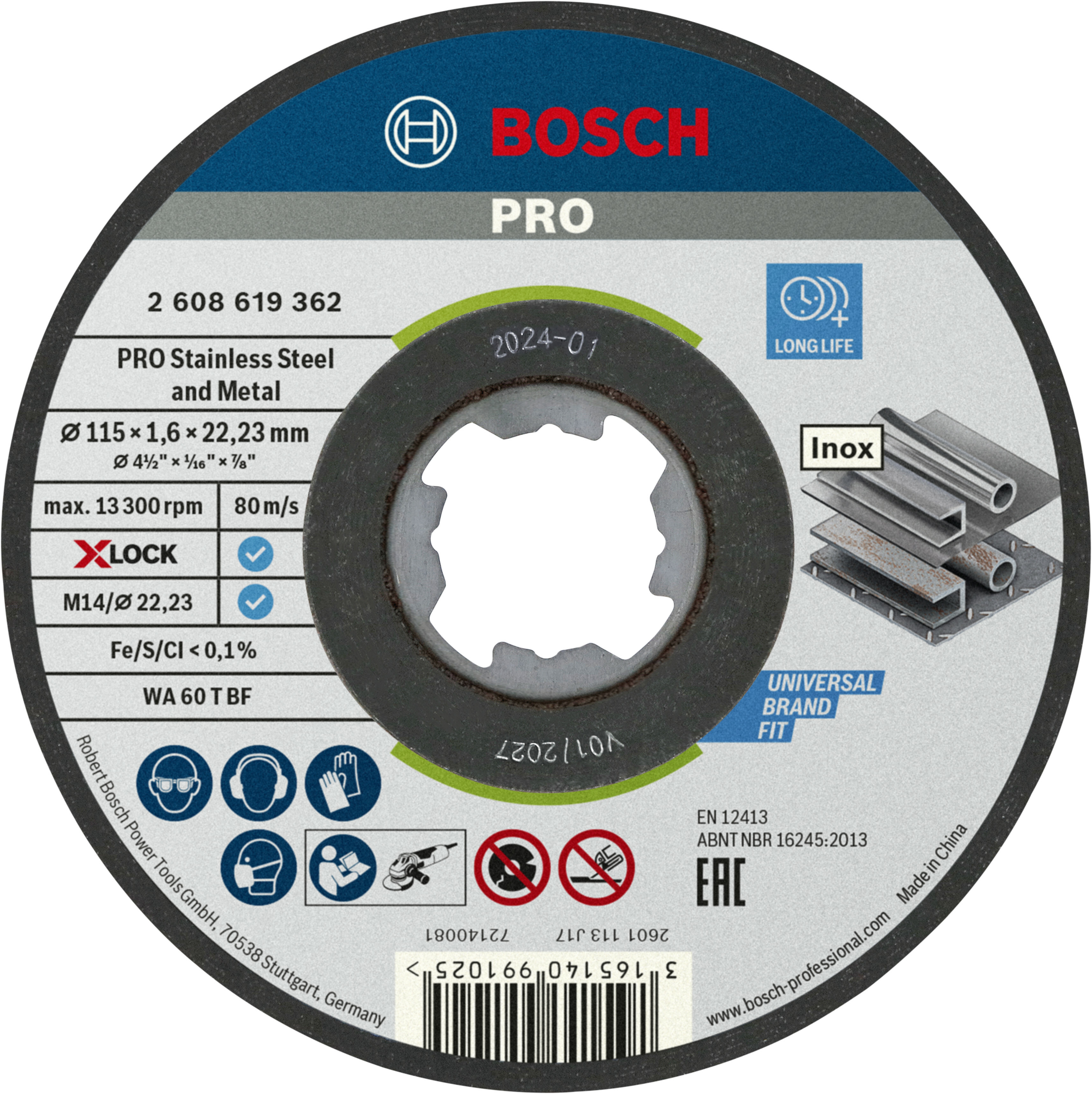 BOSCH 2608619362 X-LOCK grinding disc Standard for Inox 115x1.6x22.23mm ...