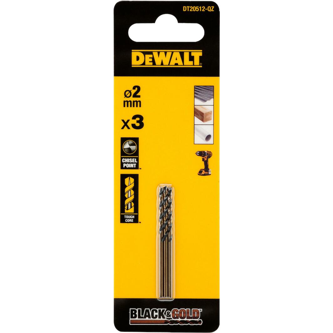 DEWALT DT20512-QZ Black & Gold metal drill bit 2mm (3 pcs)