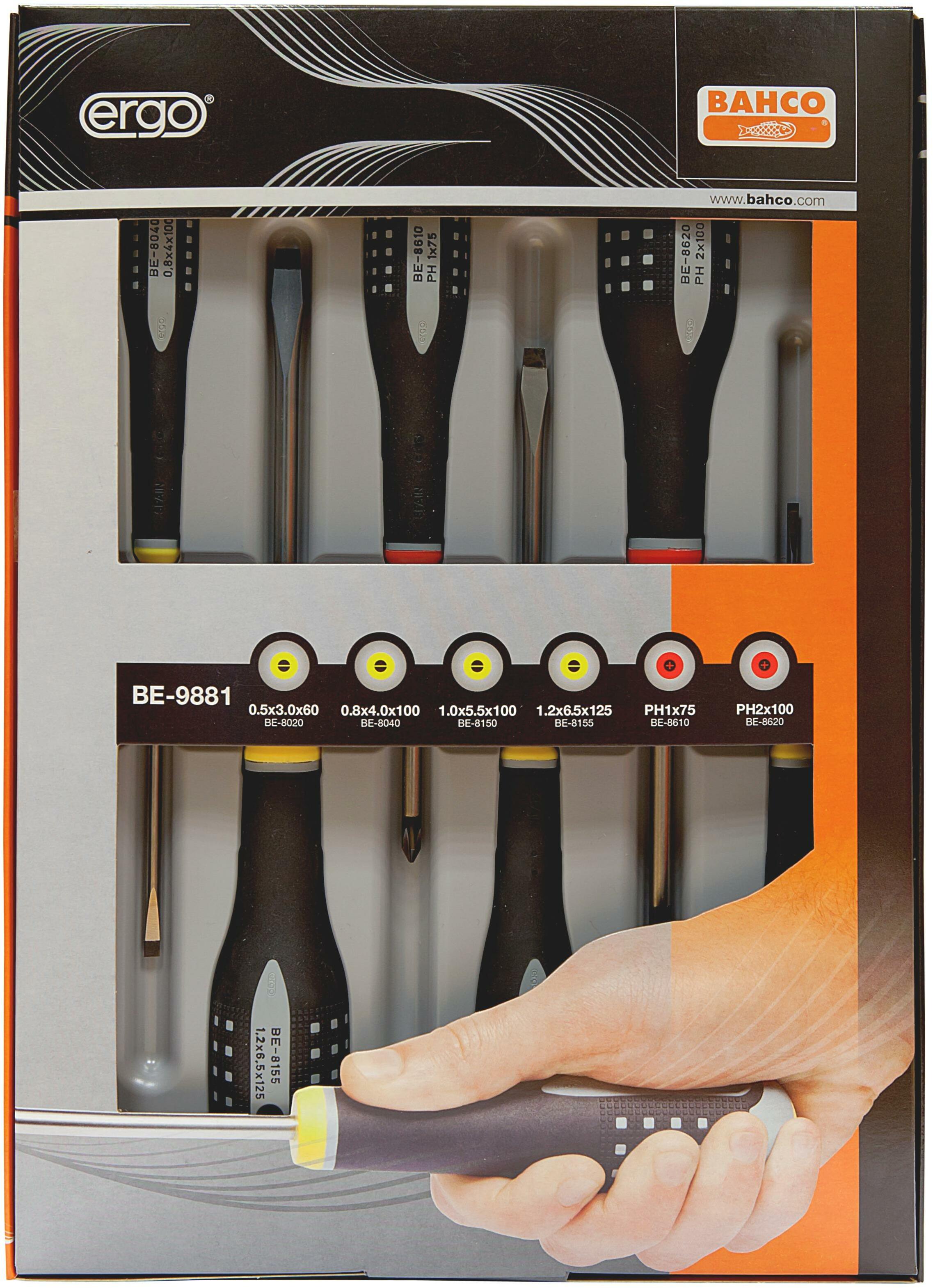 BAHCO BE-9881 ERGO screwdriver set with three-component handle, slotted and Phillips - 6-piece ...