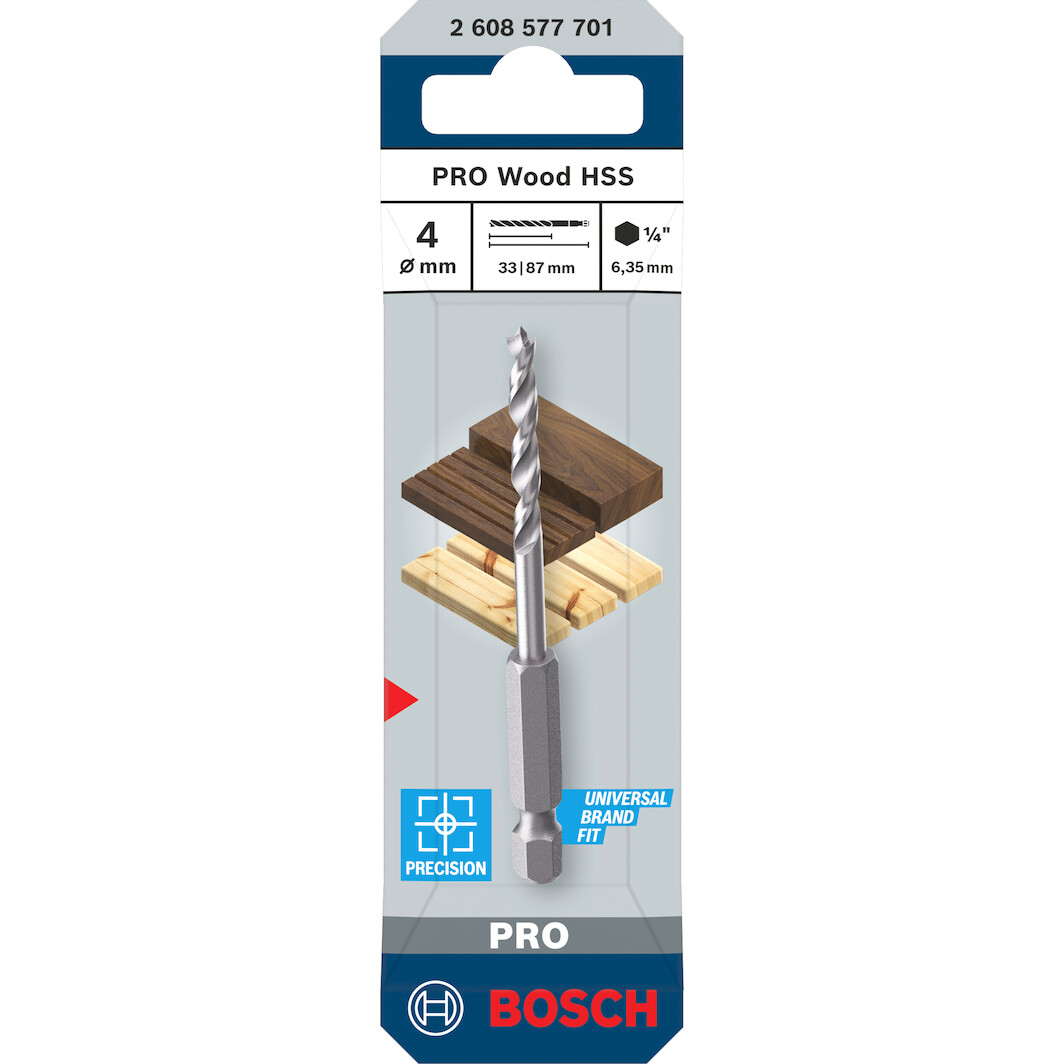 BOSCH 2608577701 PRO Wood Wood spiral drill bit, 1/4" hex shank 4 x 43 ...
