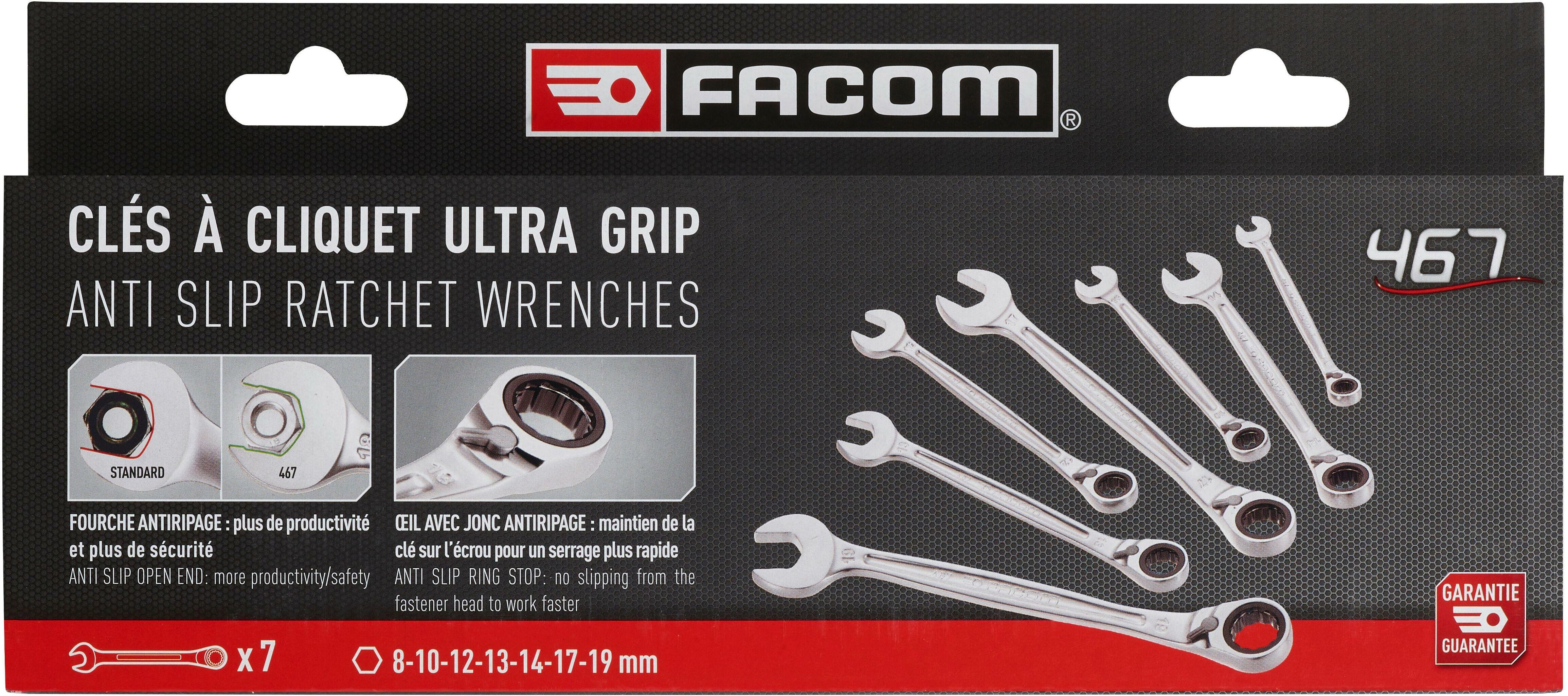 FACOM 467B.J7PB non-slip ratchet ring spanner set 8-19 mm in box 7-piece | Klium