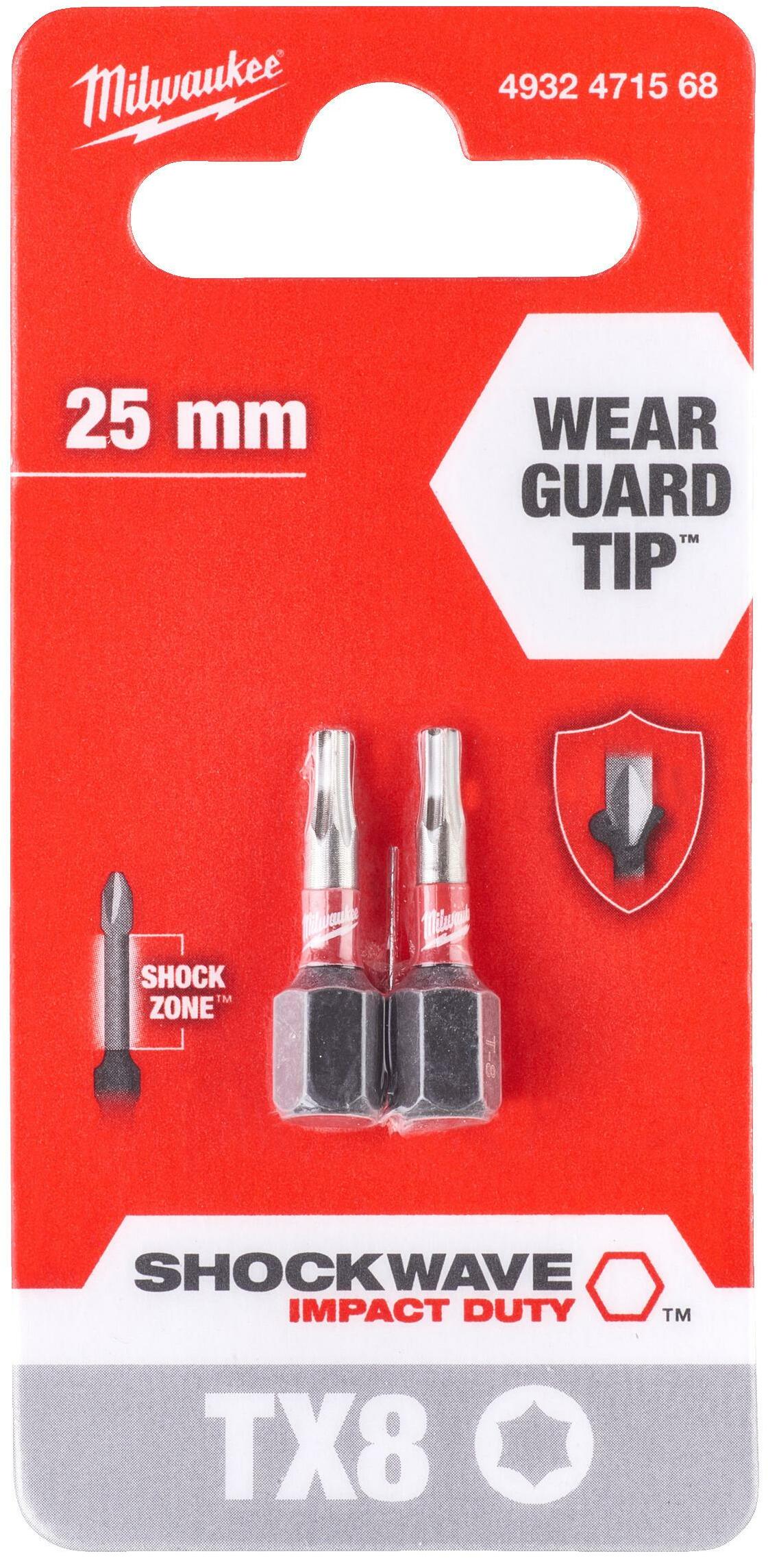 MILWAUKEE 4932471568 SHOCKWAVE IMPACT DUTY screw bit TX8 x 25 mms (2 pcs) | Klium