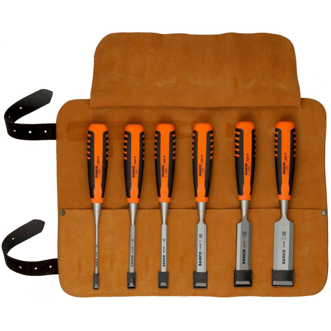 BAHCO 424P-S6-LR wood chisel set with rubber grip in leather case 6 ...