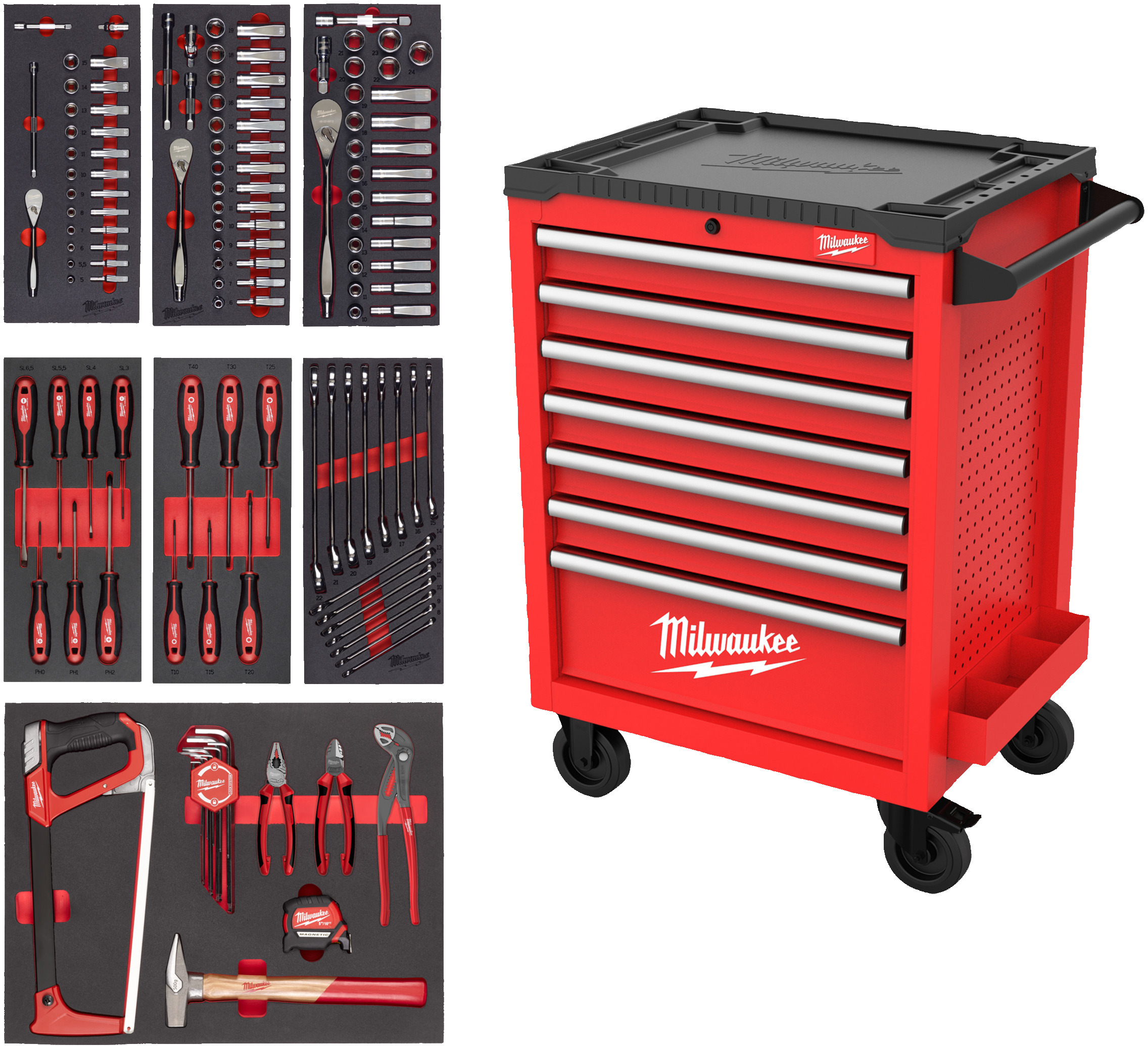 MILWAUKEE TOOLGUARD 131 steel tool trolley red with 7 drawers, 3 of ...