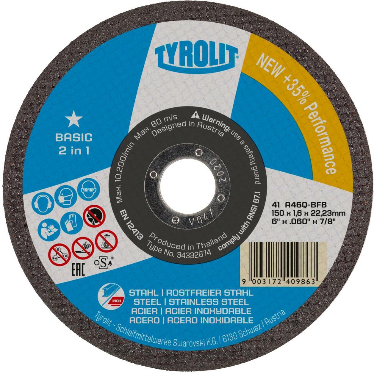 TYROLIT 34332876 Basic cut-off wheel for angle grinders 41 230x1,9x22,23 A46Q-BFB | Klium