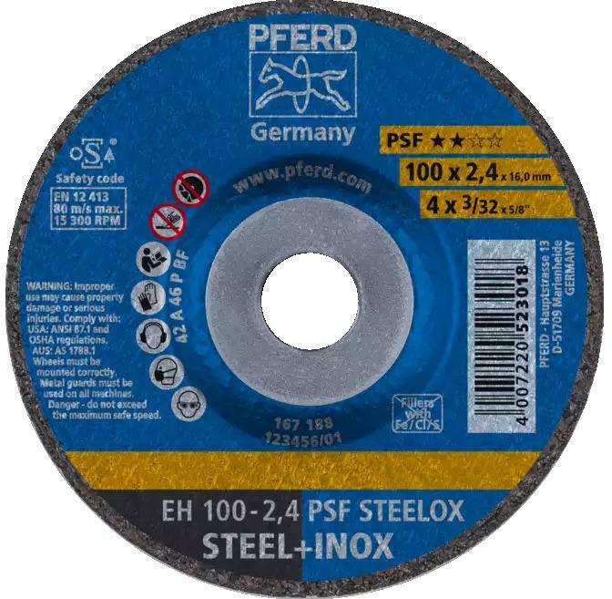 PFERD 61739326 cut-off wheel EH 100x2,4x16 mm continuous universal line PSF STEELOX for steel ...