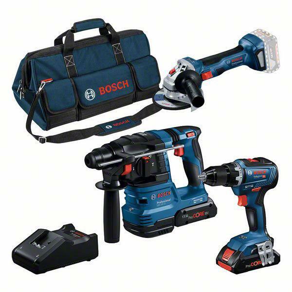 BOSCH 0615A50035 18V cordless machine set GSR GWS GBH 3 piece in tool case 2x 4.0Ah ProCORE battery charger Klium