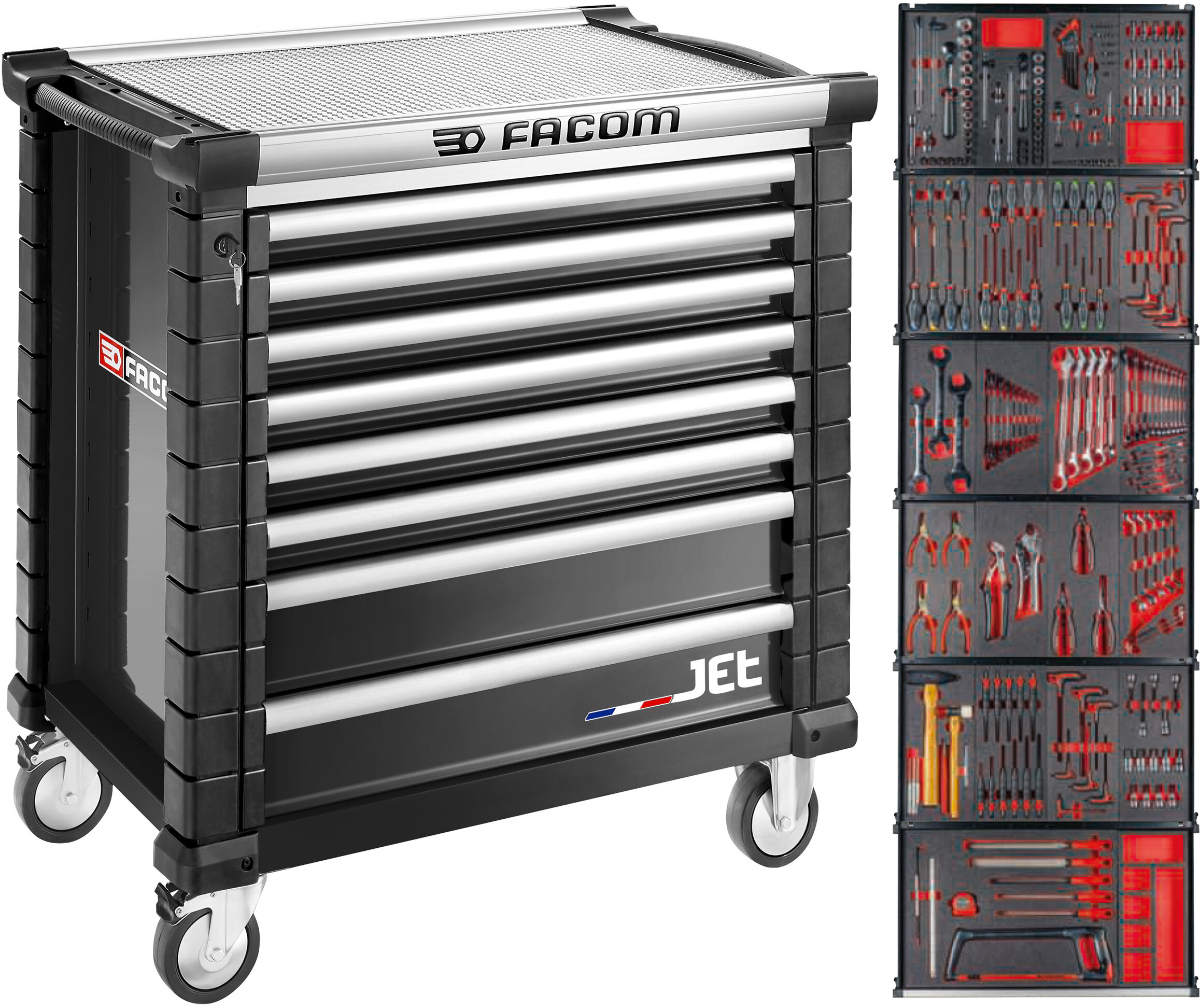 FACOM JETCMM215GBNL tool trolley black with 8 drawers (6 filled with foam modules) 215-piece | Klium