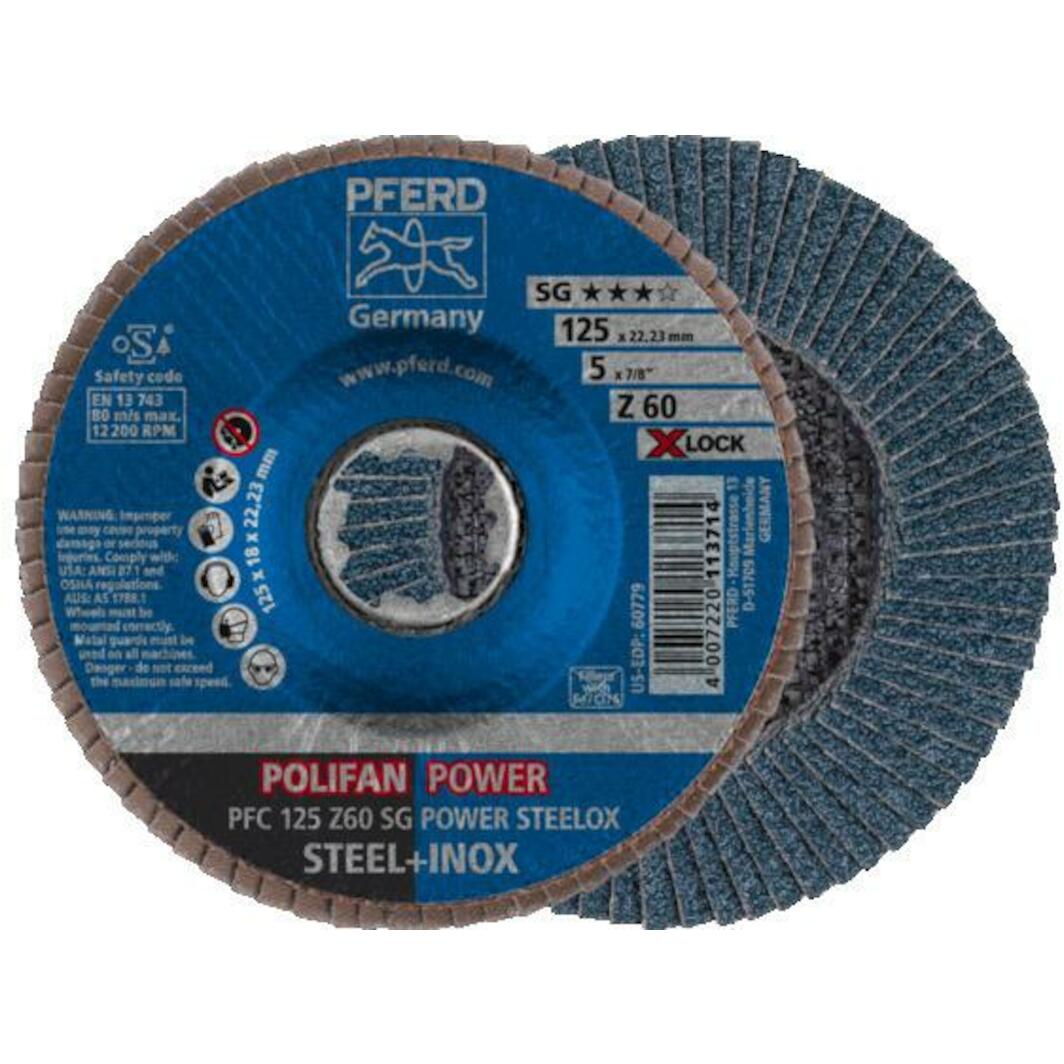 PFERD PFC 125 Z 60 SG POWER STEELOX/X-LOCK POLIFAN flap disc 125mm conical grit 60 steel/nickel ...
