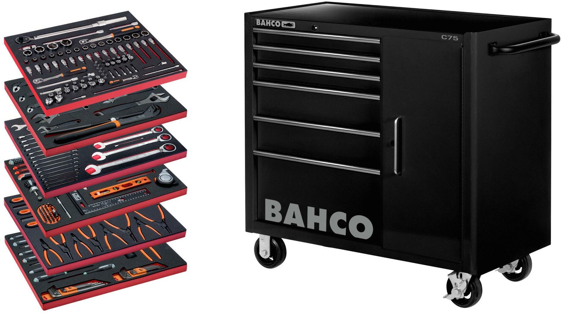 BAHCO 1475KXL6CBK-FF5 tool trolley black Classic C75 40" with 6 drawers + storage cabinet filled ...