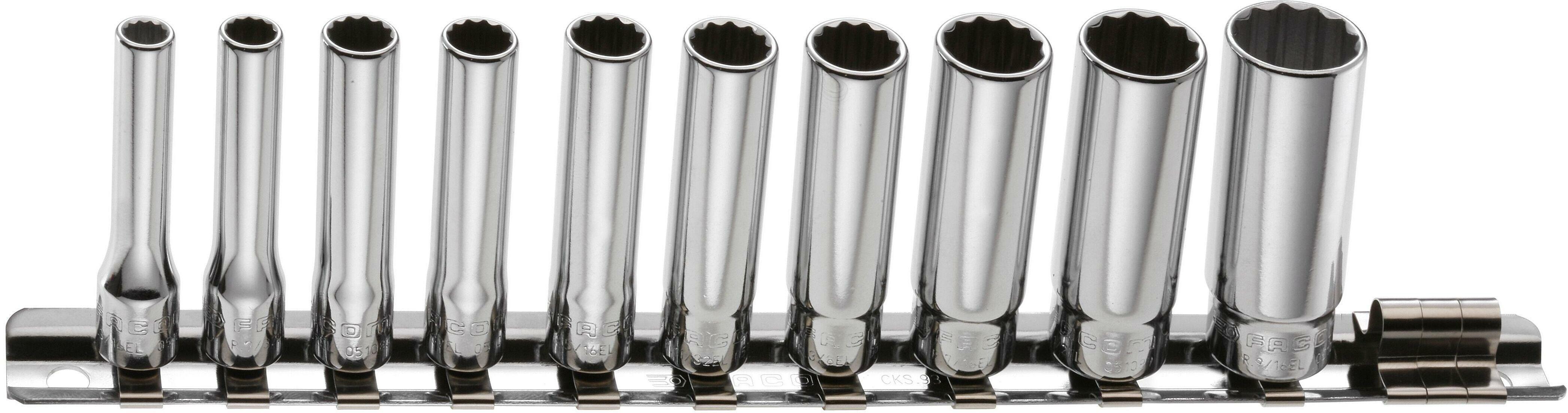 FACOM REL.40U set of 10 sockets 1/4 12-sided long, inch sizes, on rack ...