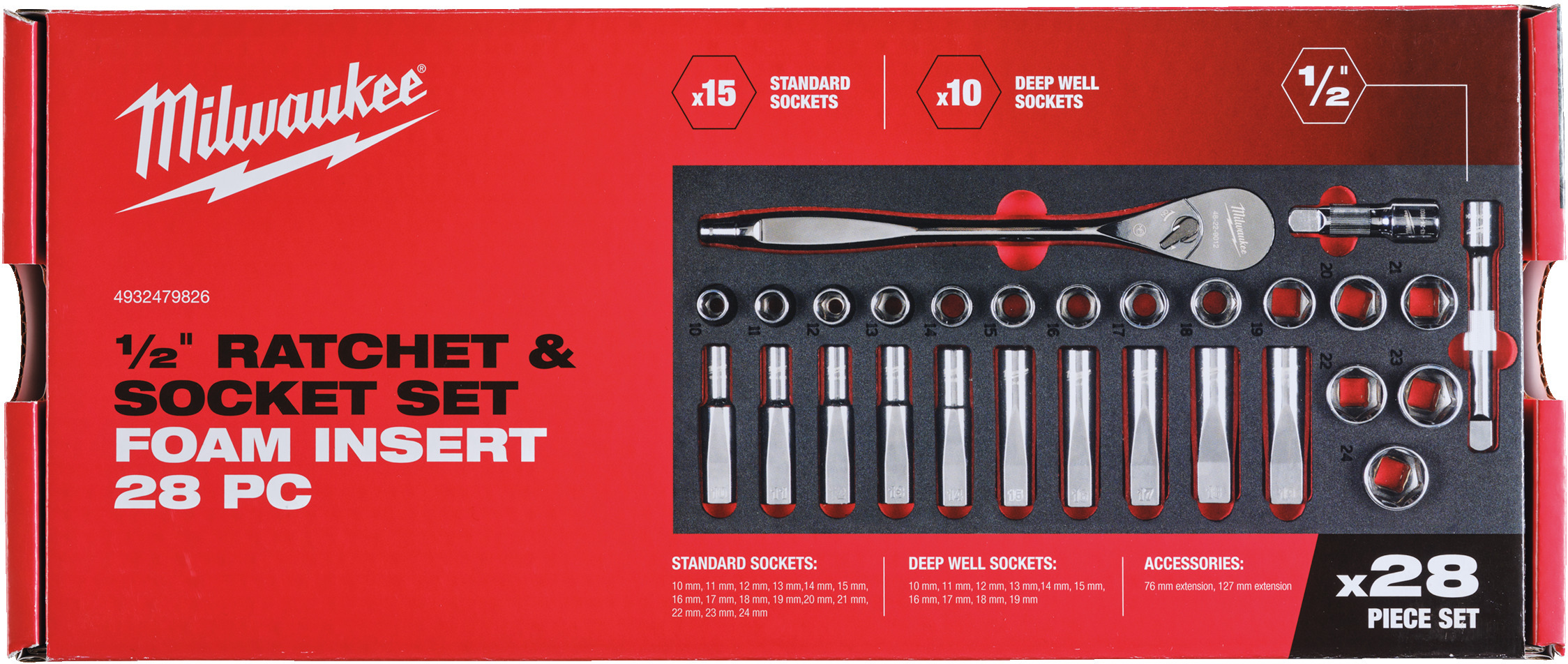 MILWAUKEE 4932479826 ratchet and socket set 1/2" in foam inlay 28 ...