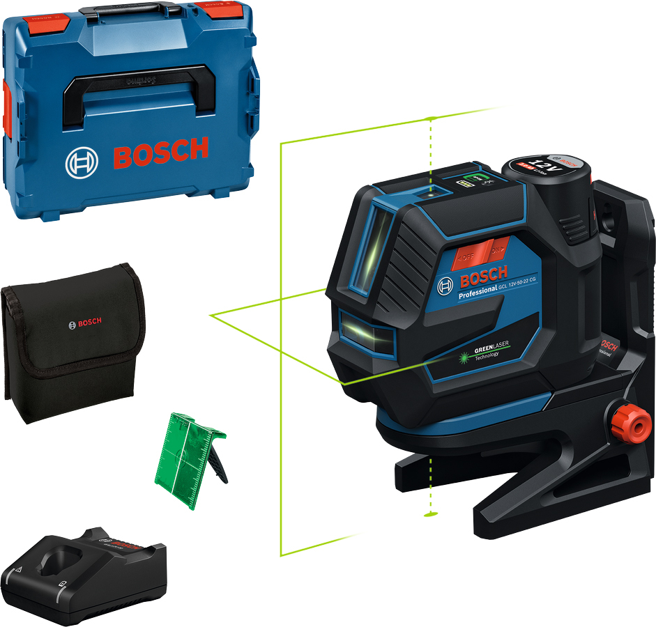 BOSCH GCL 12V-50-22 CG cordless cross line laser/dot laser green in L ...