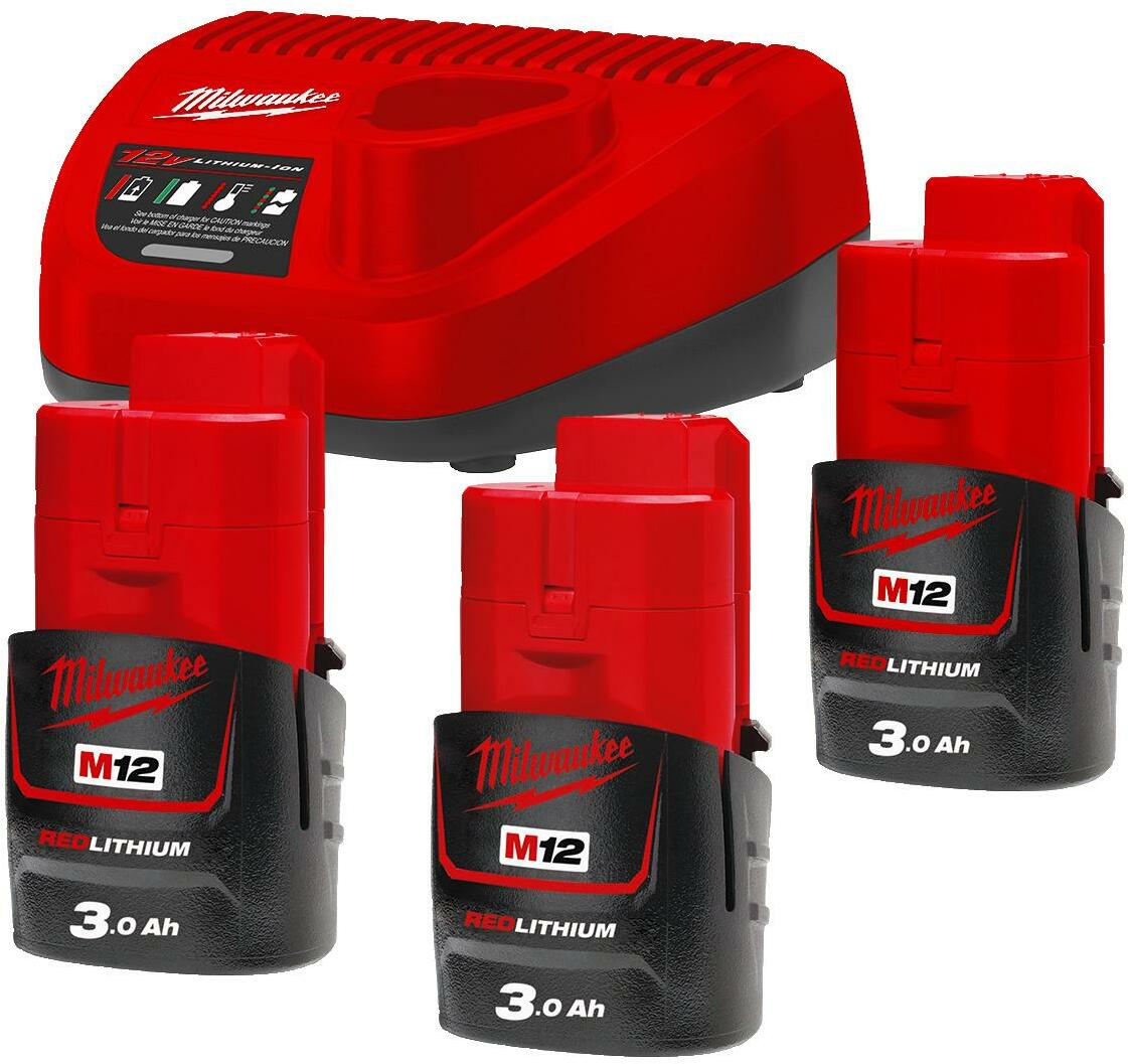 MILWAUKEE M12 NRG-303 battery charging set (3x 3.0Ah battery + C12 C ...