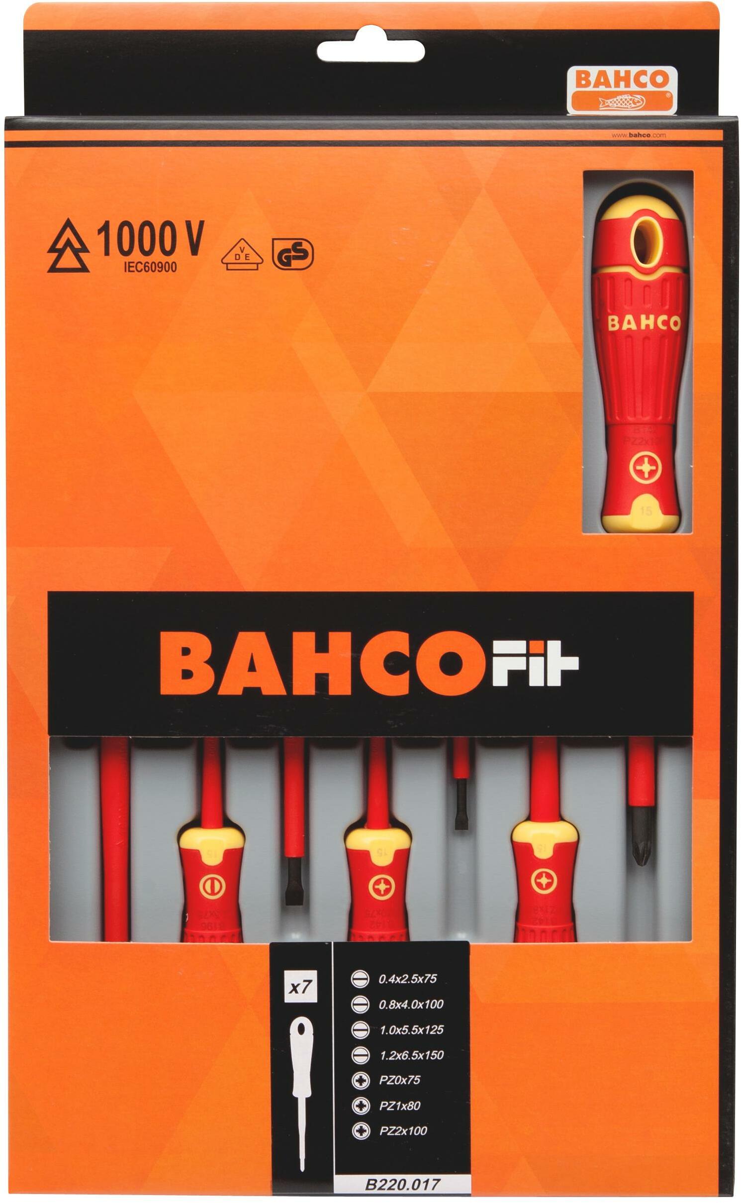 BAHCO B220.017 BahcoFit screwdriver set VDE insulated with rubber grip, slotted, Pozidriv - 7 ...