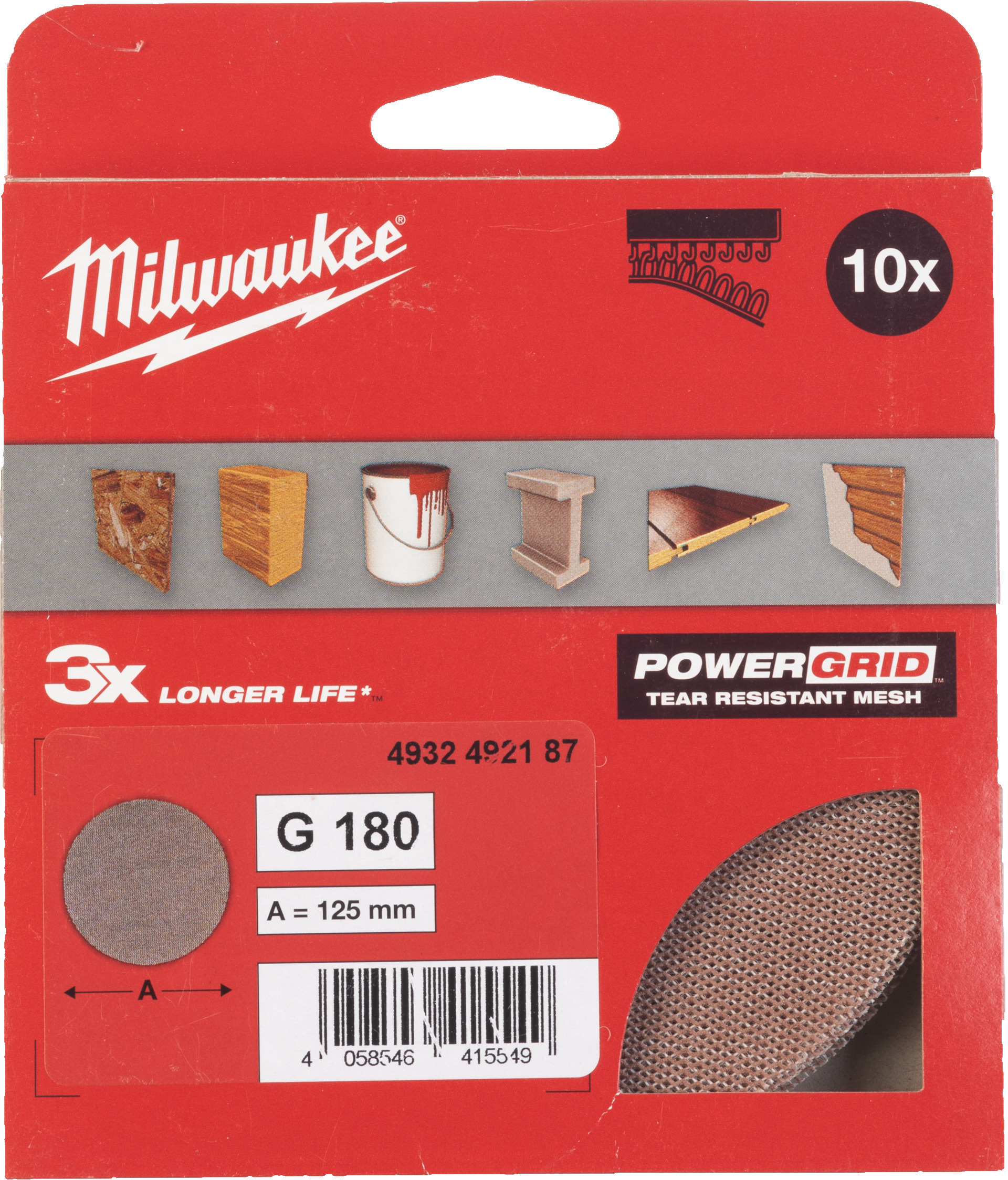 MILWAUKEE 4932492187 sanding pad for random orbital sander PG Mesh 125 HL, 180 grit (10 pcs ...