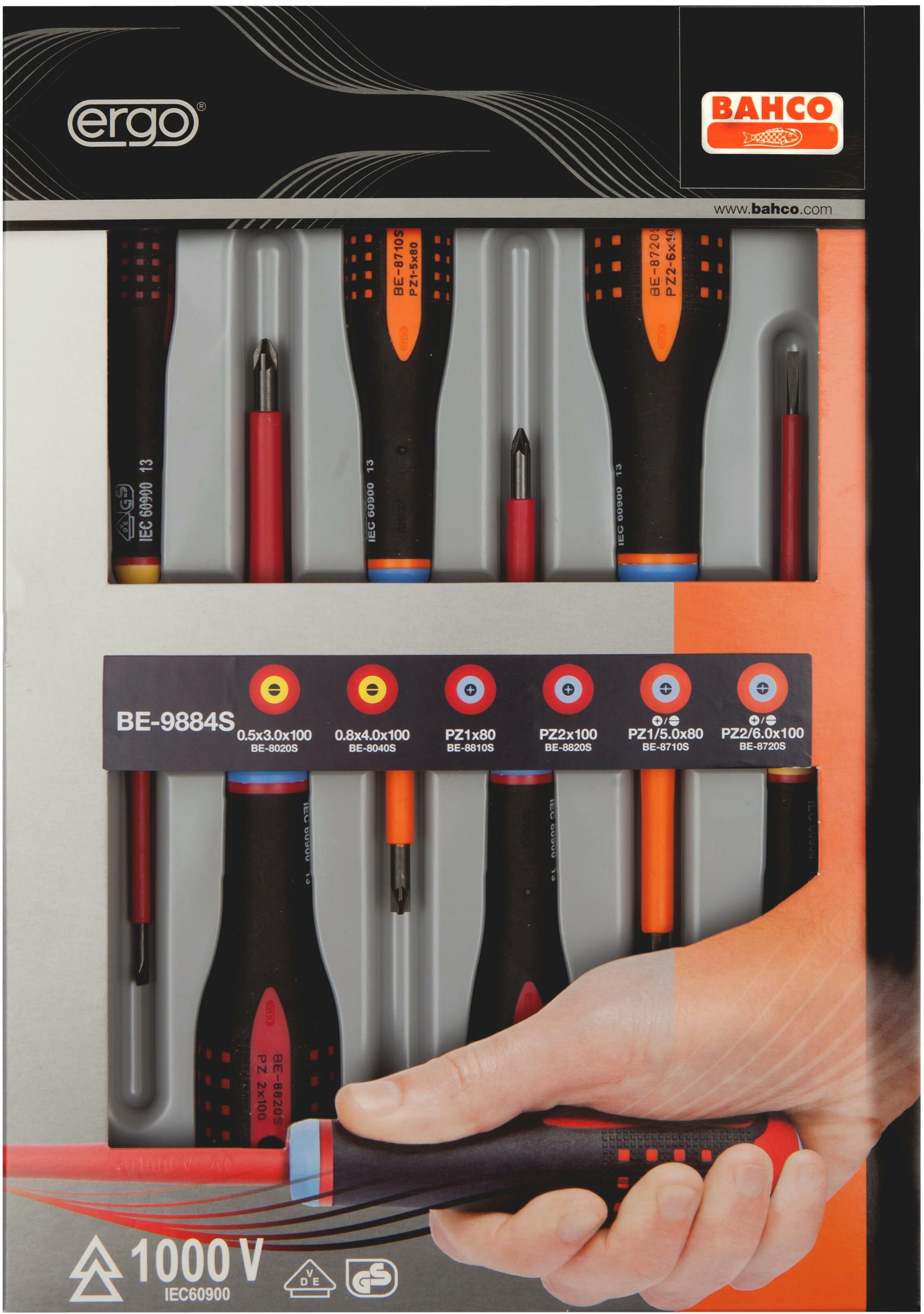 BAHCO BE-9884S ERGO screwdriver set VDE insulated with three-component handle, slotted, Pozidriv ...