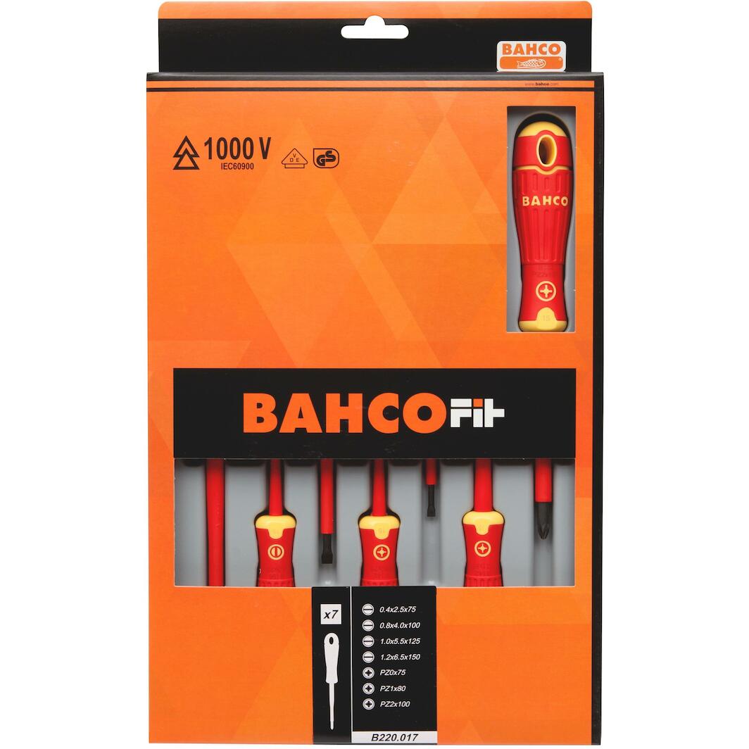 BAHCO B220.017 BahcoFit screwdriver set VDE insulated with rubber grip, slotted, Pozidriv - 7 ...