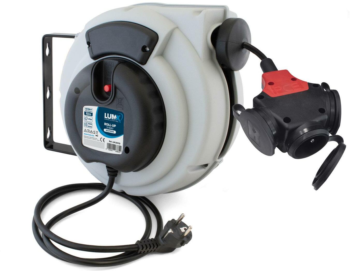 LUMX ROLL-UP 3-WAY cable reel with wall mount and roll-up system 10 m 16A / 230V BE/FR - LM ...