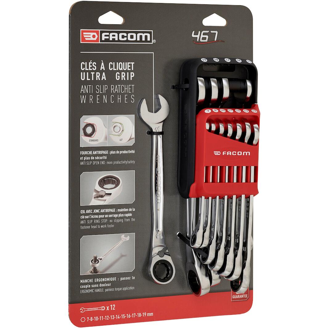 FACOM 467B.JP12PB non-slip ring spanner set with ratchet and clamping ...