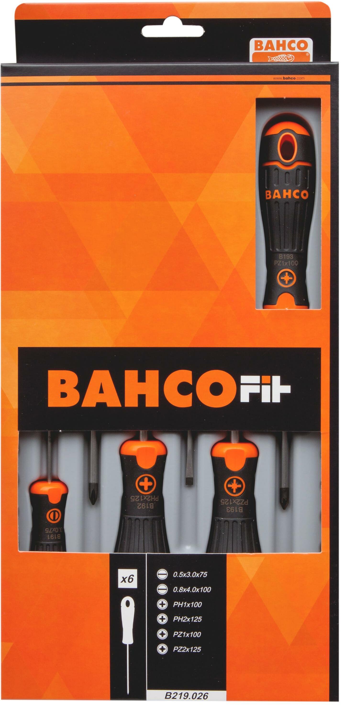 BAHCO B219.026 BahcoFit screwdriver set with rubber grip, slotted, Phillips, Pozidriv - 6-piece ...