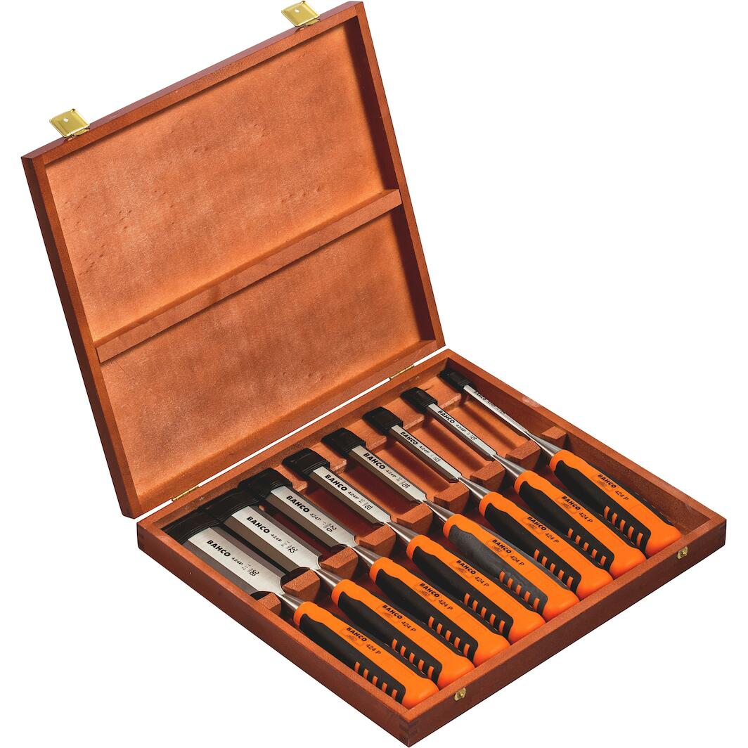 BAHCO 424P-S8-EUR wood chisel set with rubber grip in wooden box 8 ...