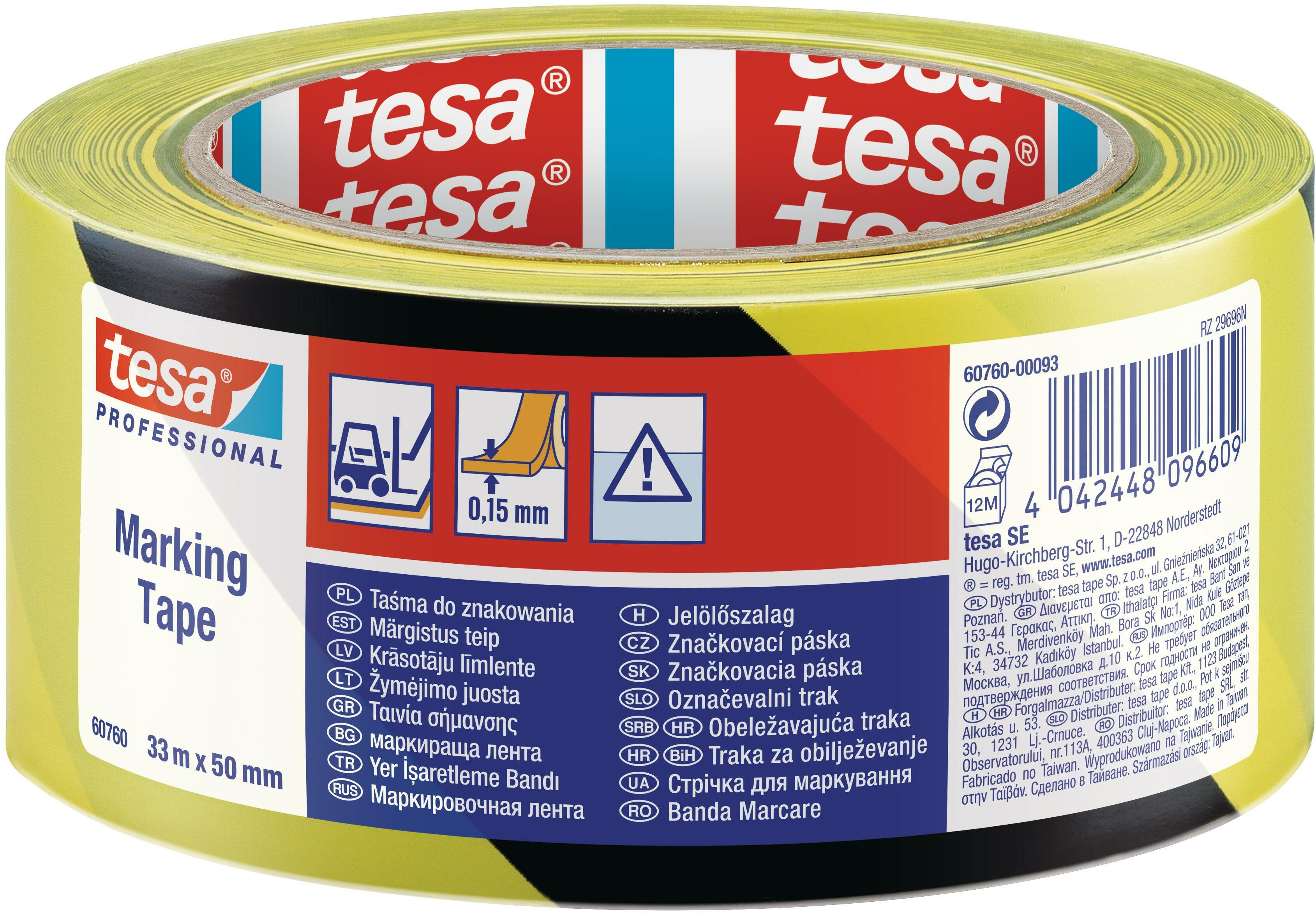 TESA 60760 PVC floor marking tape black-yellow, 50 mm x 33 m - 60760 ...