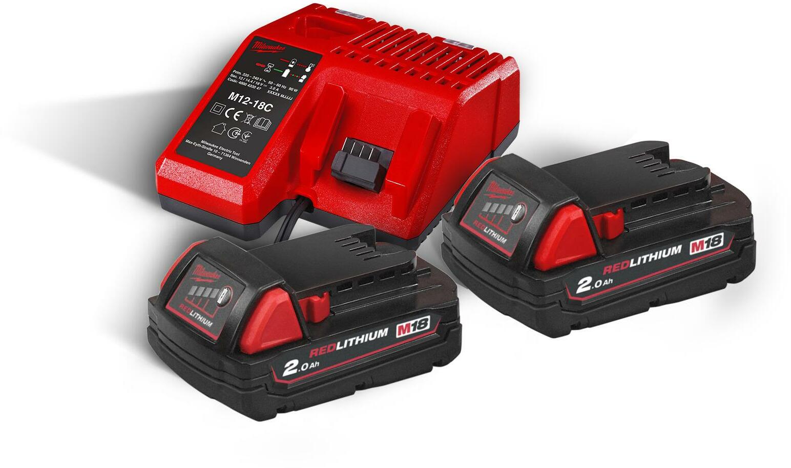 MILWAUKEE M18 NRG-202 battery charging set (2x 2.0Ah battery + M12-18 C ...