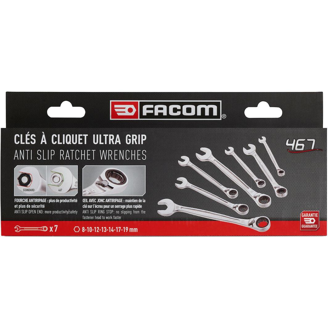 FACOM 467B.J7PB non-slip ratchet ring spanner set 8-19 mm in box 7 ...